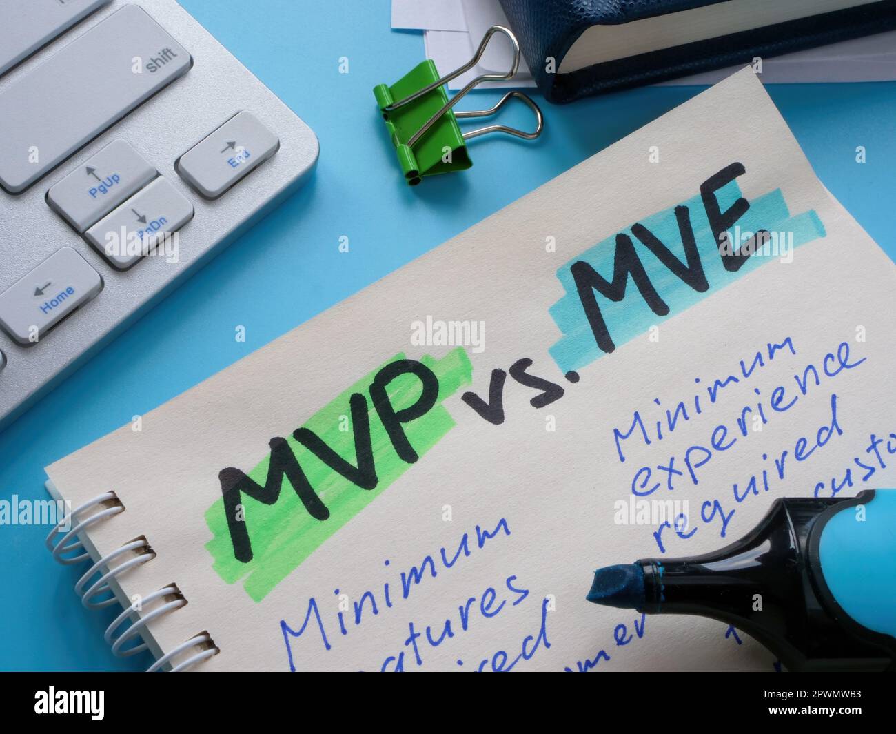Notepad with handwritten words MVP vs MVE and list Stock Photo - Alamy