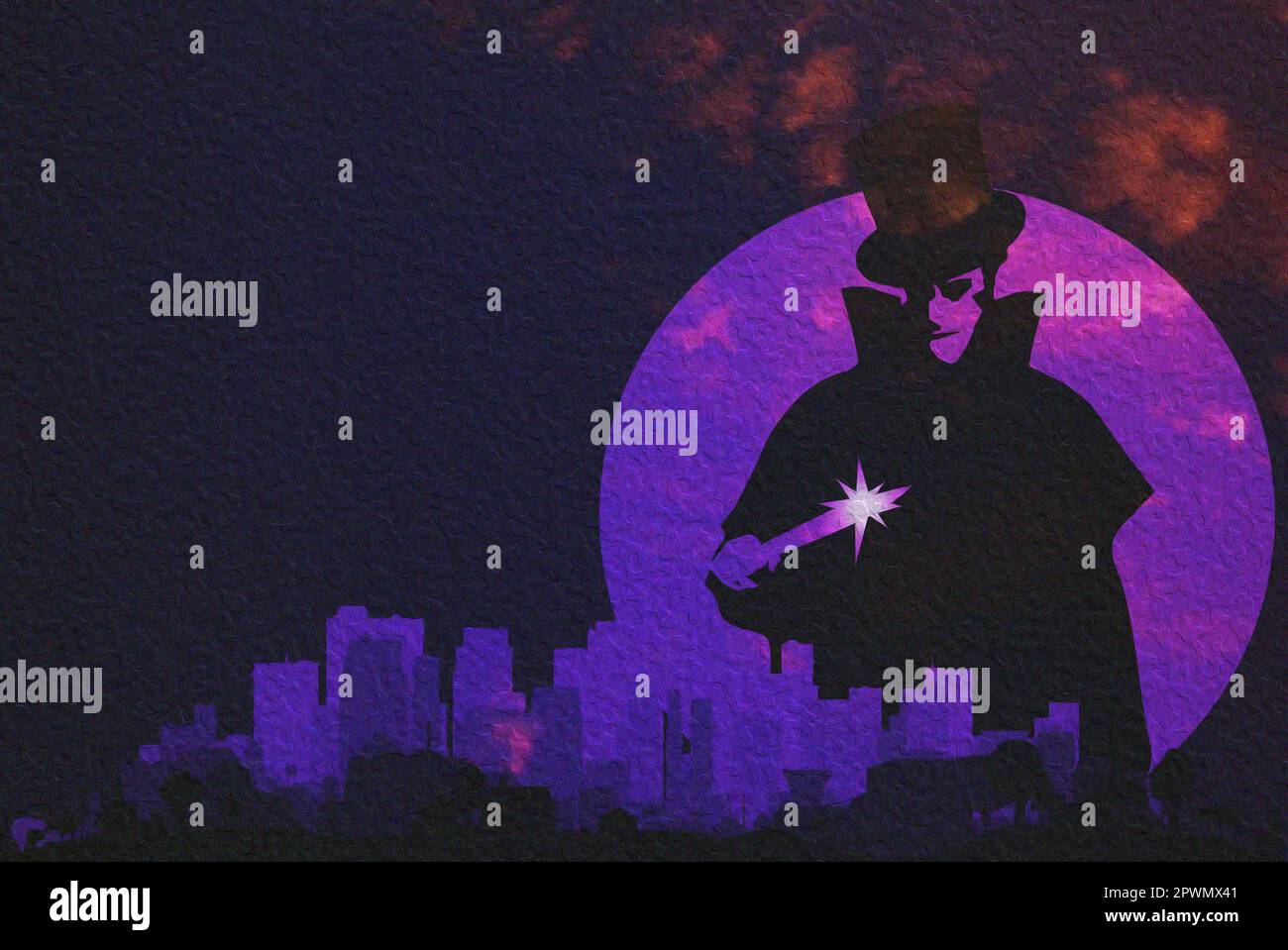 Jack the Ripper hovering over a purple cityscape with a full moon ...