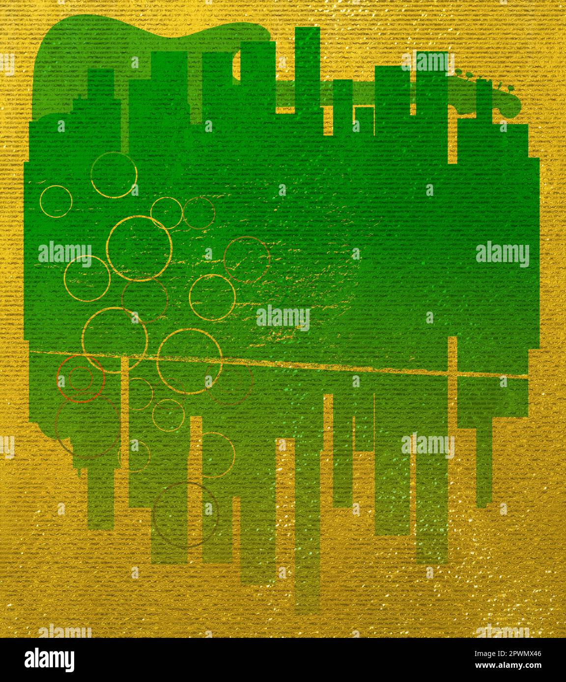 A green faded cityscape with a faded electric guitar on a golden ...