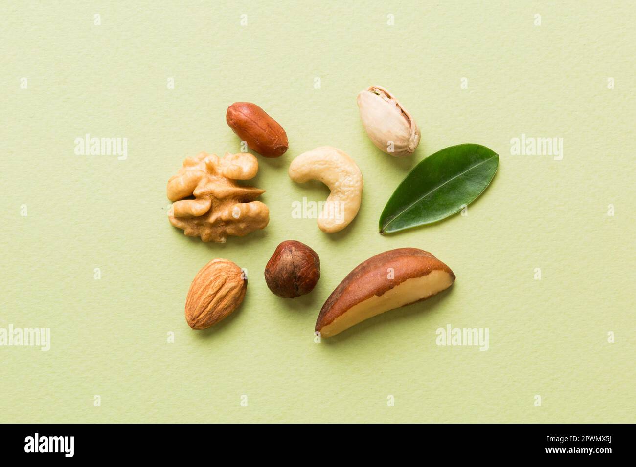 Composition of nuts , flat lay - mix hazelnuts, cashews, almonds on ...