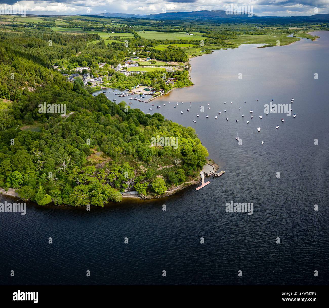 Aerial view of Balmaha - a small village on the banks of Loch Lomond in ...