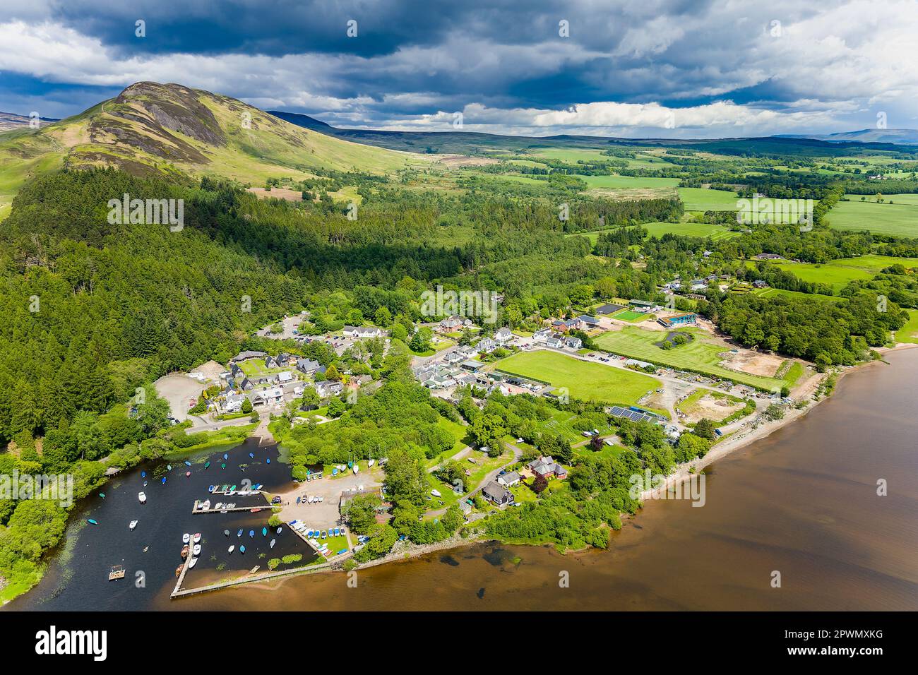 Drone view of Balmaha and Conic Hill on the shores of Loch Lomond ...