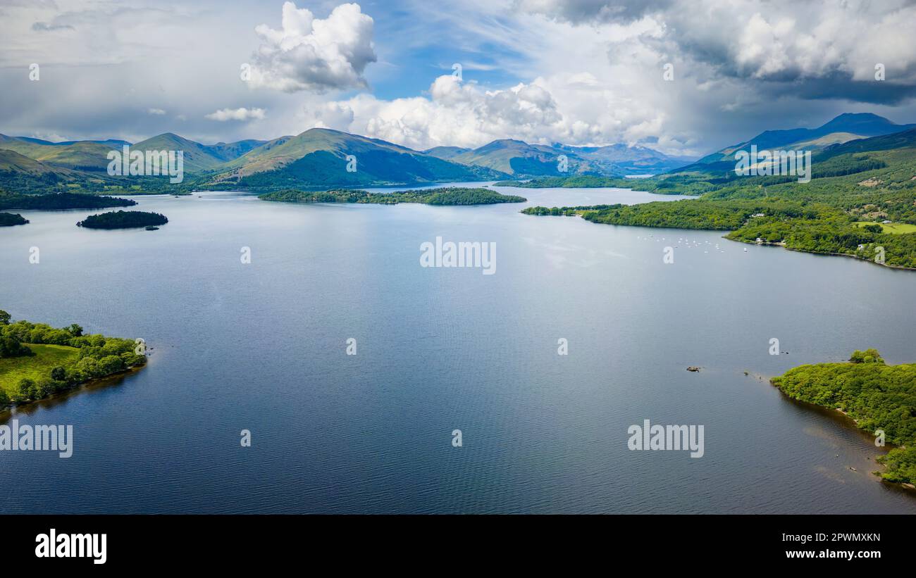 Aerial view of small islands on the huge freshwater Loch Lomond in the ...