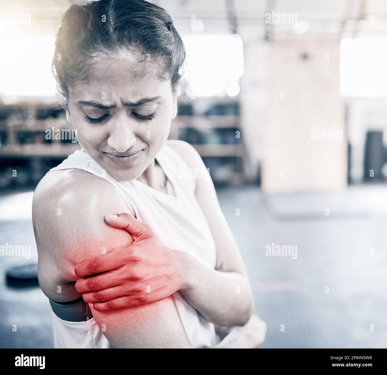 Woman, fitness and shoulder pain in gym for exercise workout, training ...