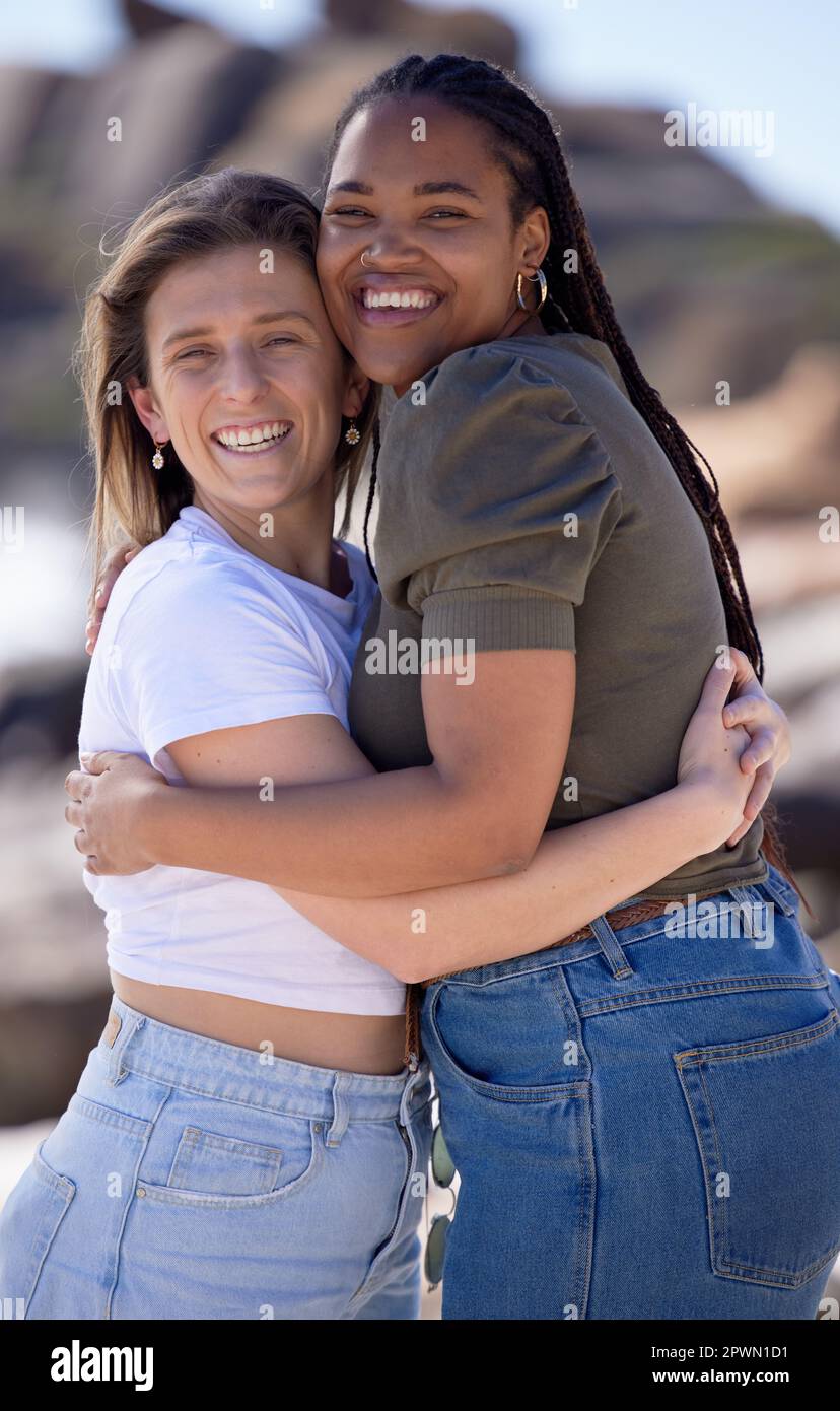 Portrait, women and friends hug with smile, vacation and weekend break ...