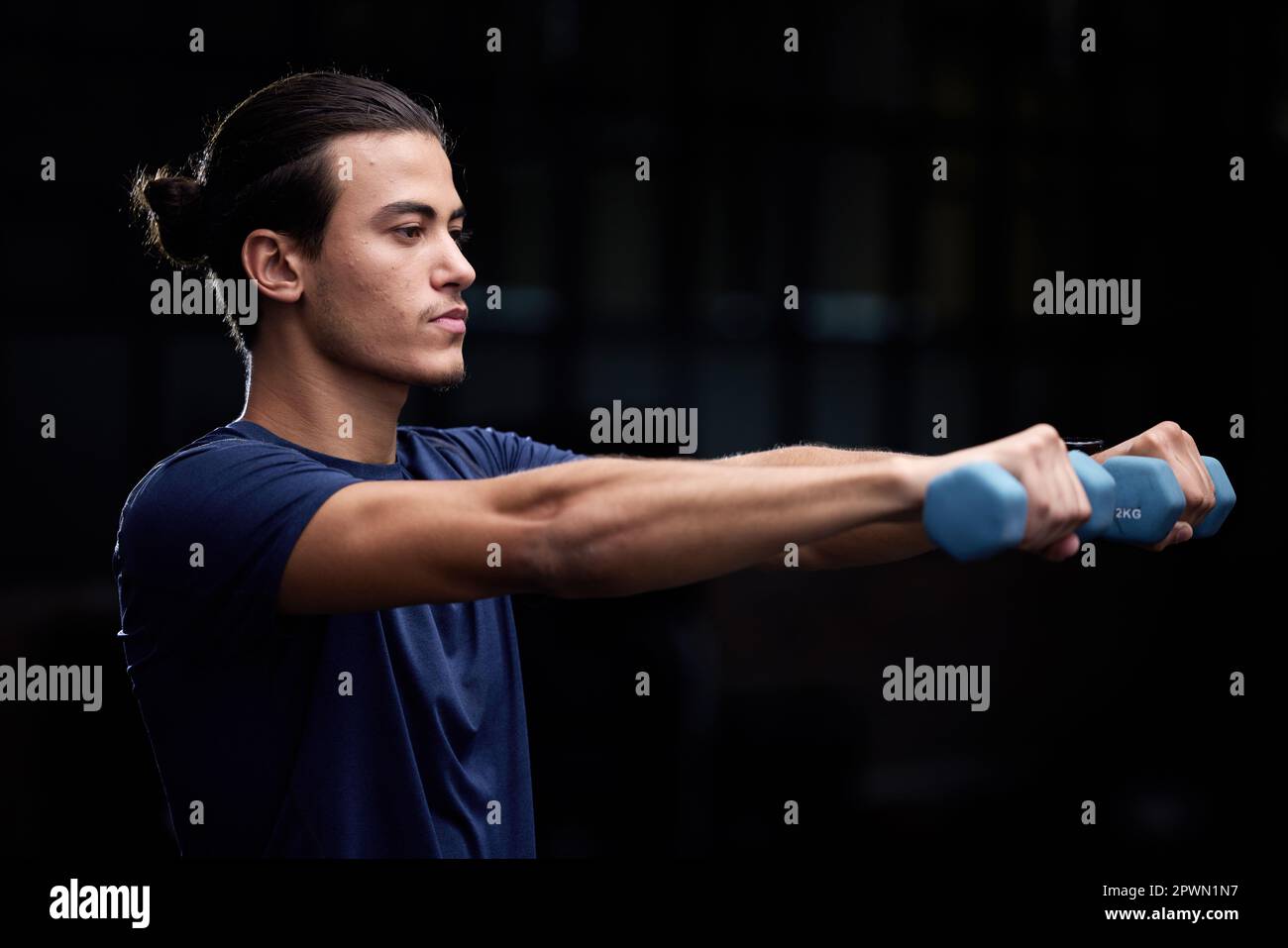 Fitness, dumbbells and man training arms, exercise focus and strong ...