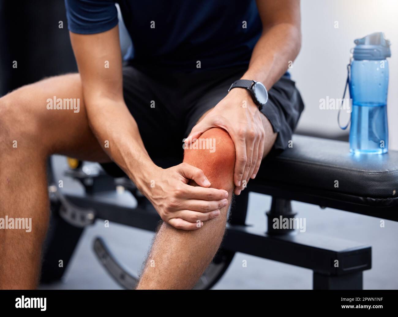Knee pain, sport accident or man in gym for training, fitness or ...