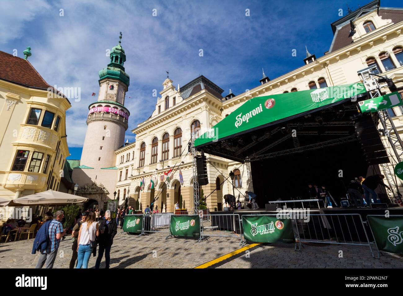SopronFest Festival 2023 stage at Fo ter with Firewatch Tower and Town ...