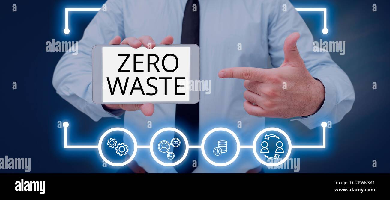 Handwriting text Zero Waste, Concept meaning industrial responsibility includes composting ...