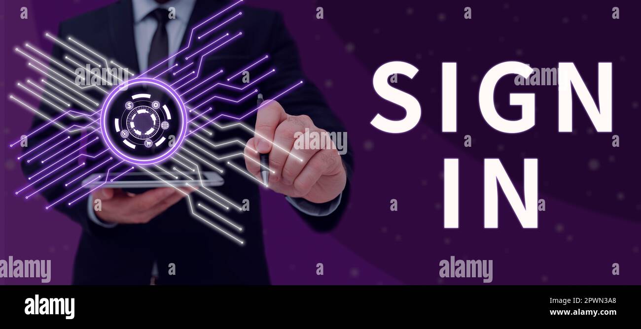 Conceptual caption Sign In, Word Written on to write your name on a ...