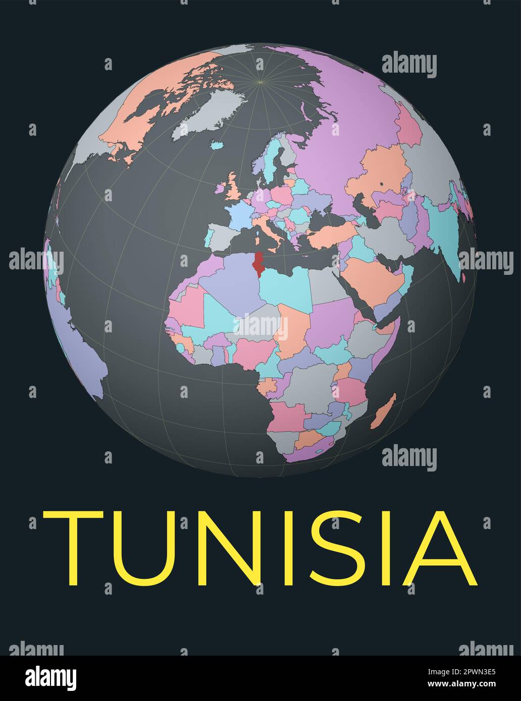 World map centered on Tunisia. Red country highlighted. Satellite world ...