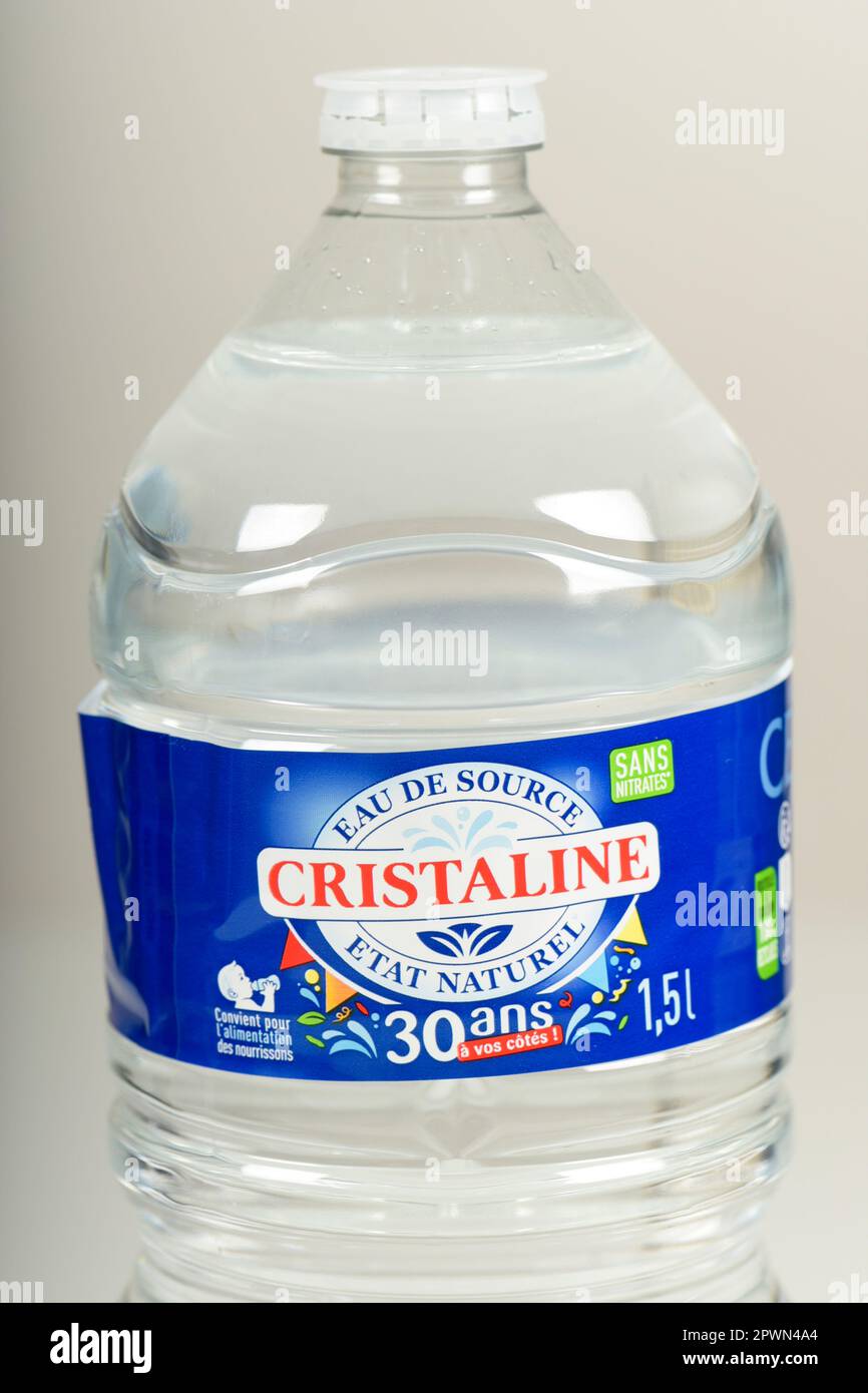 Melun - France - april 2023 : view on the water of the Cristaline brand ...