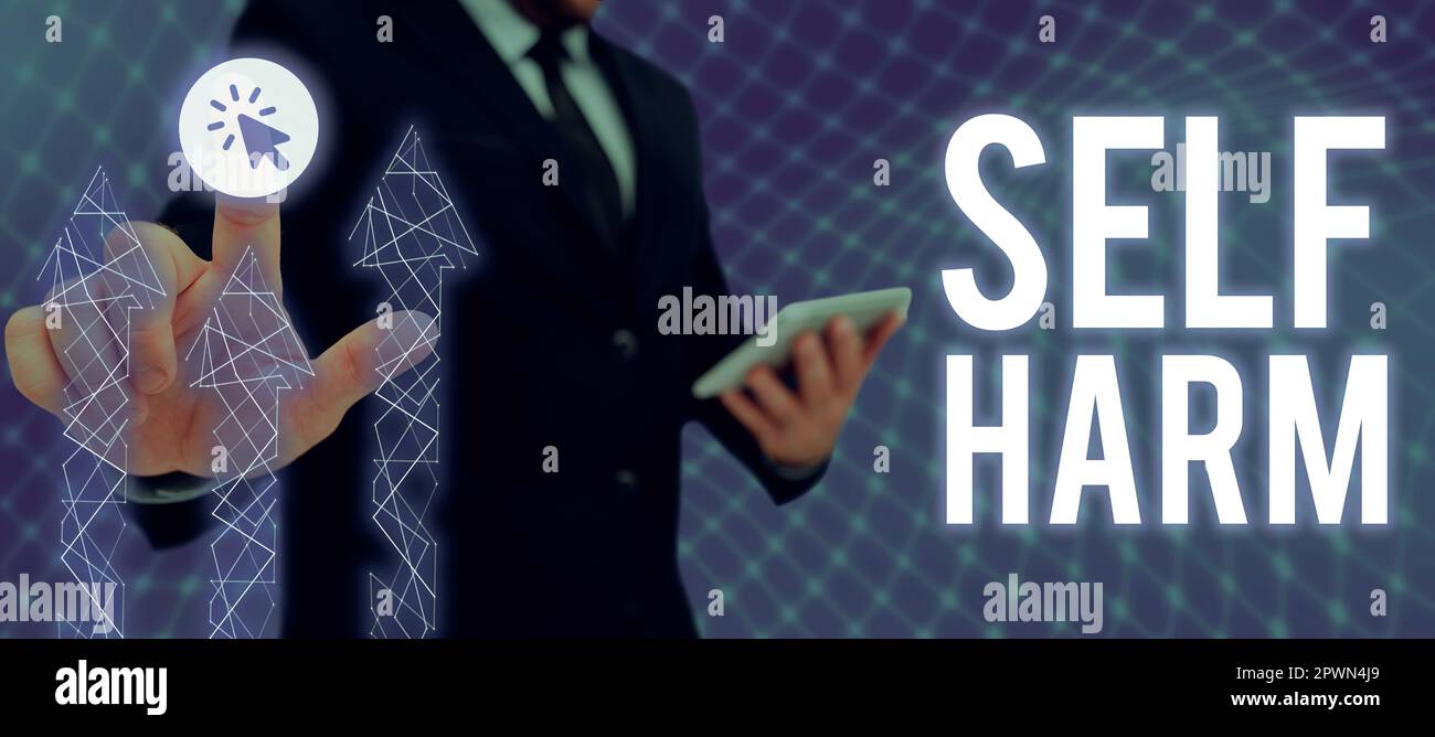 Hand writing sign Self Harm, Word for state of health and well-being ...