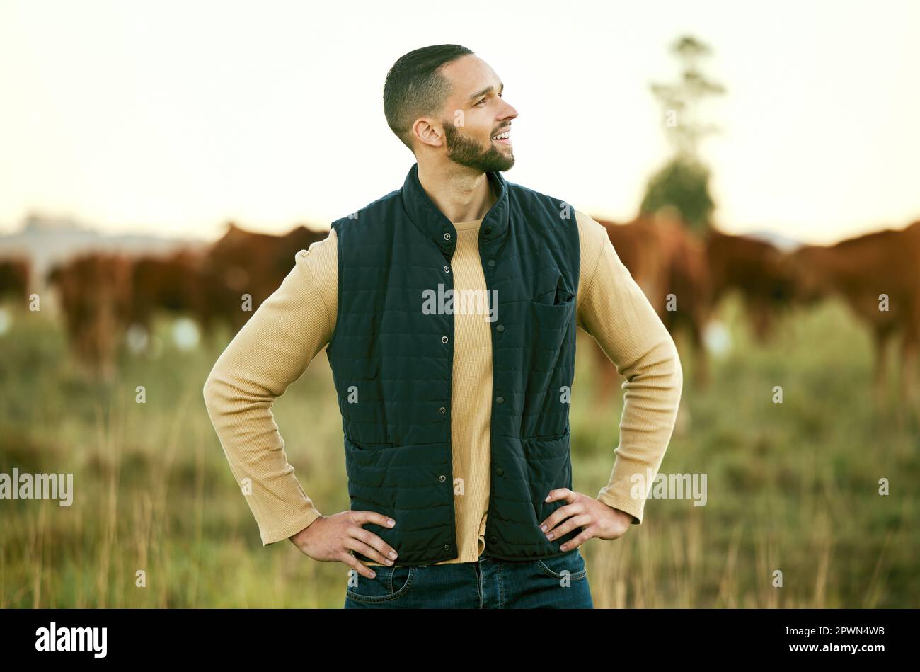 Farmer, man and agriculture field with farming and view, grass with ...