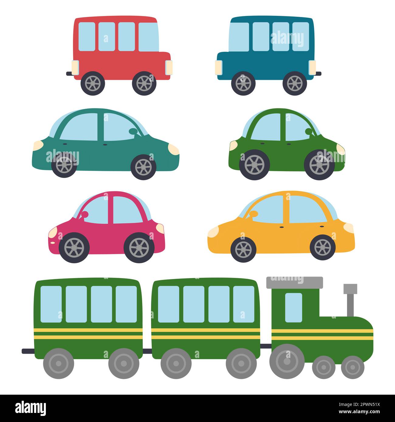 Cars buses, train set. Children's design. Urban transport Stock Vector ...