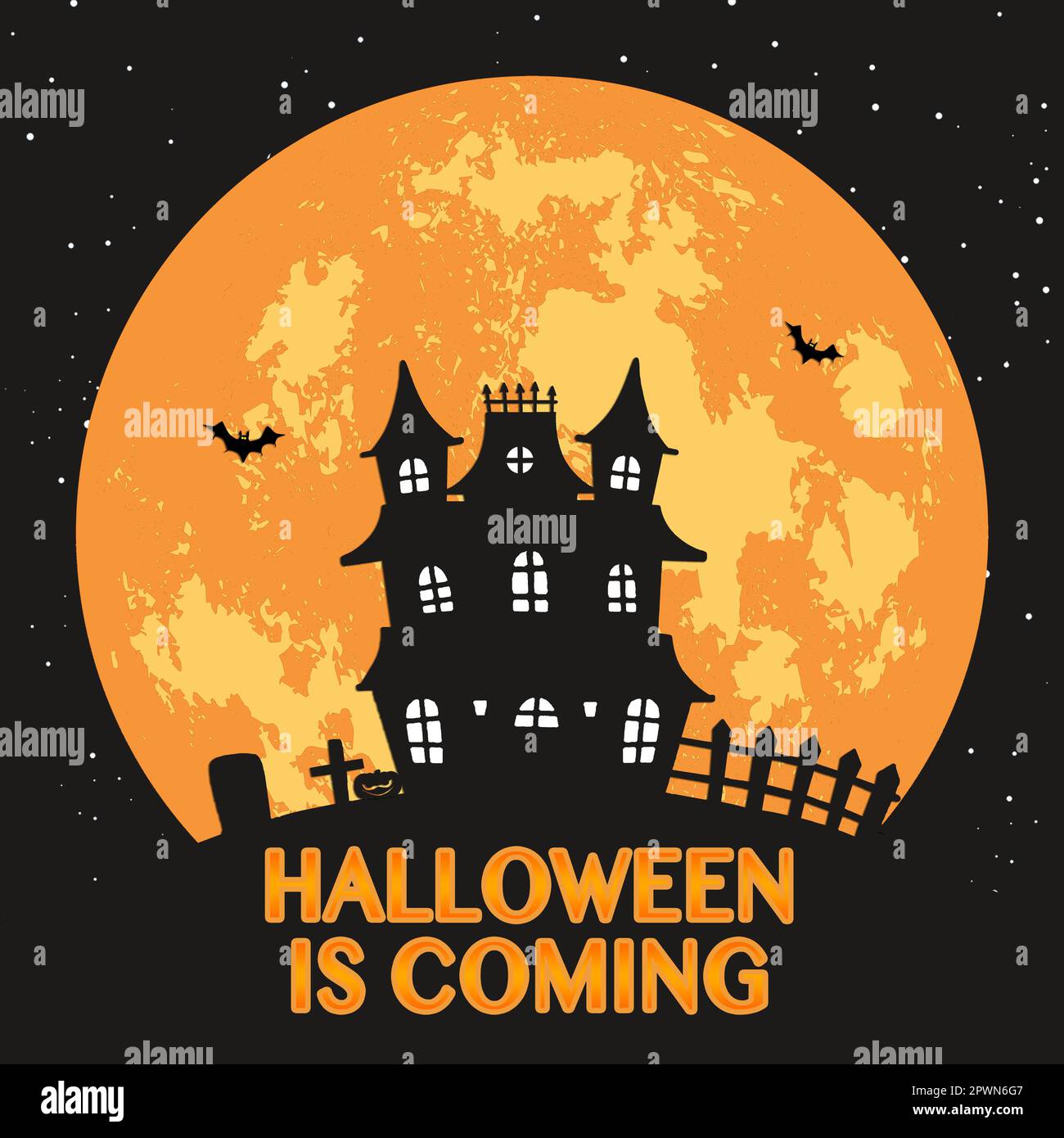 A creepy haunted house with a full moon and text "Halloween is coming ...