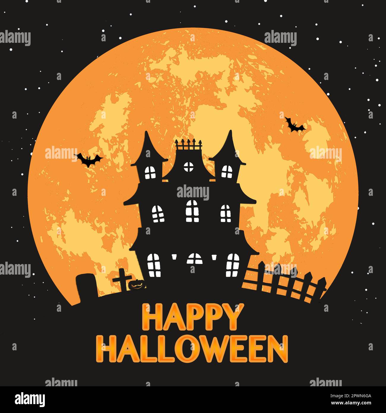A creepy haunted house with a full moon and text "Happy Halloween Stock ...