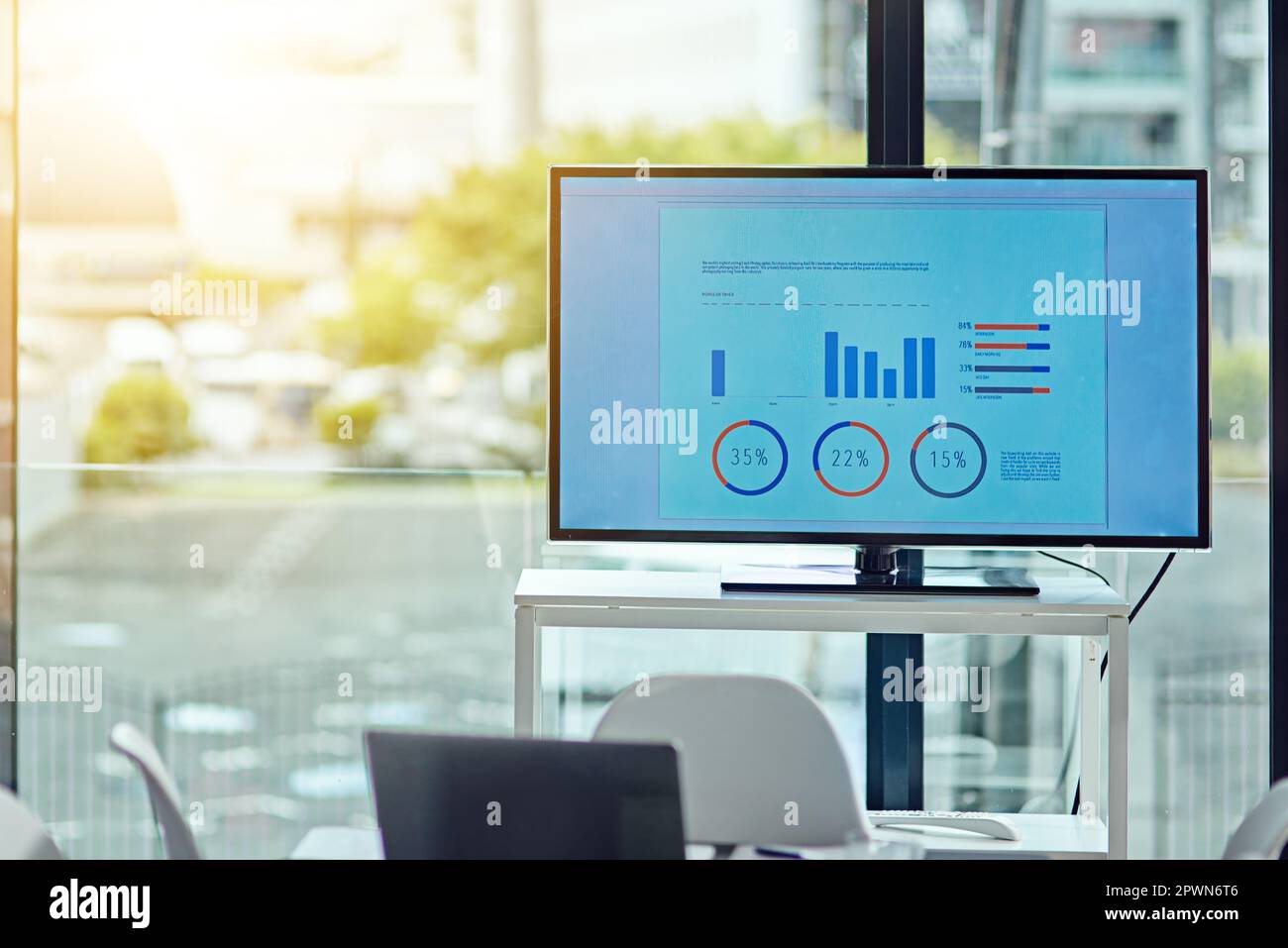 Ready for the presentation. graphs on a monitor inside a boardroom ...