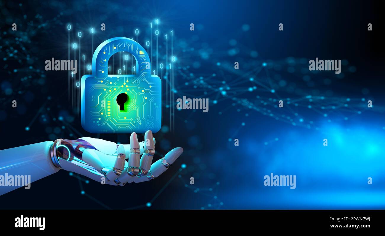 Robot hand holding Padlock with Keyhole. Cyber data and information ...