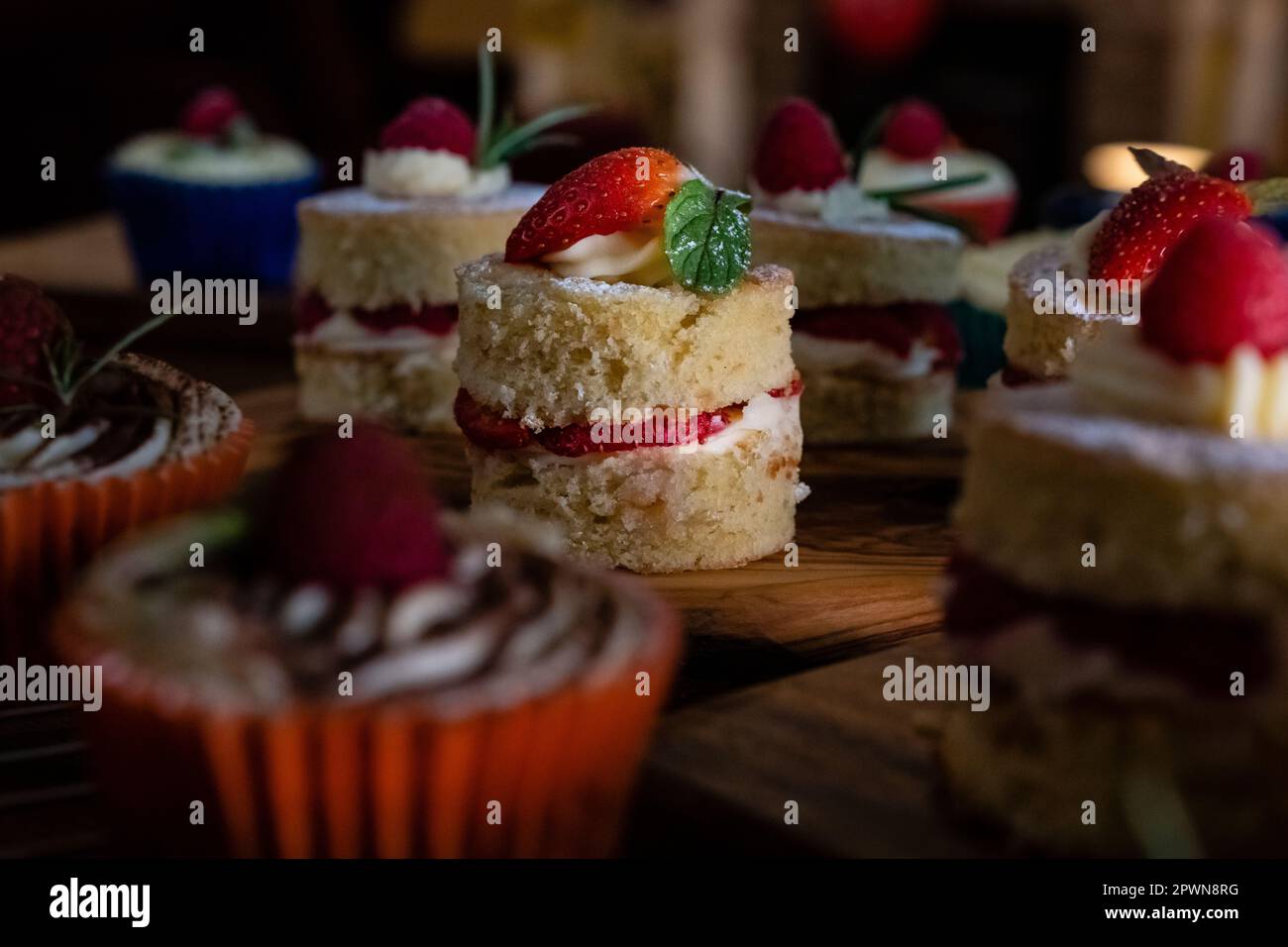 Beautiful mini Victoria sponges and cupcakes on seasoned wooden ...