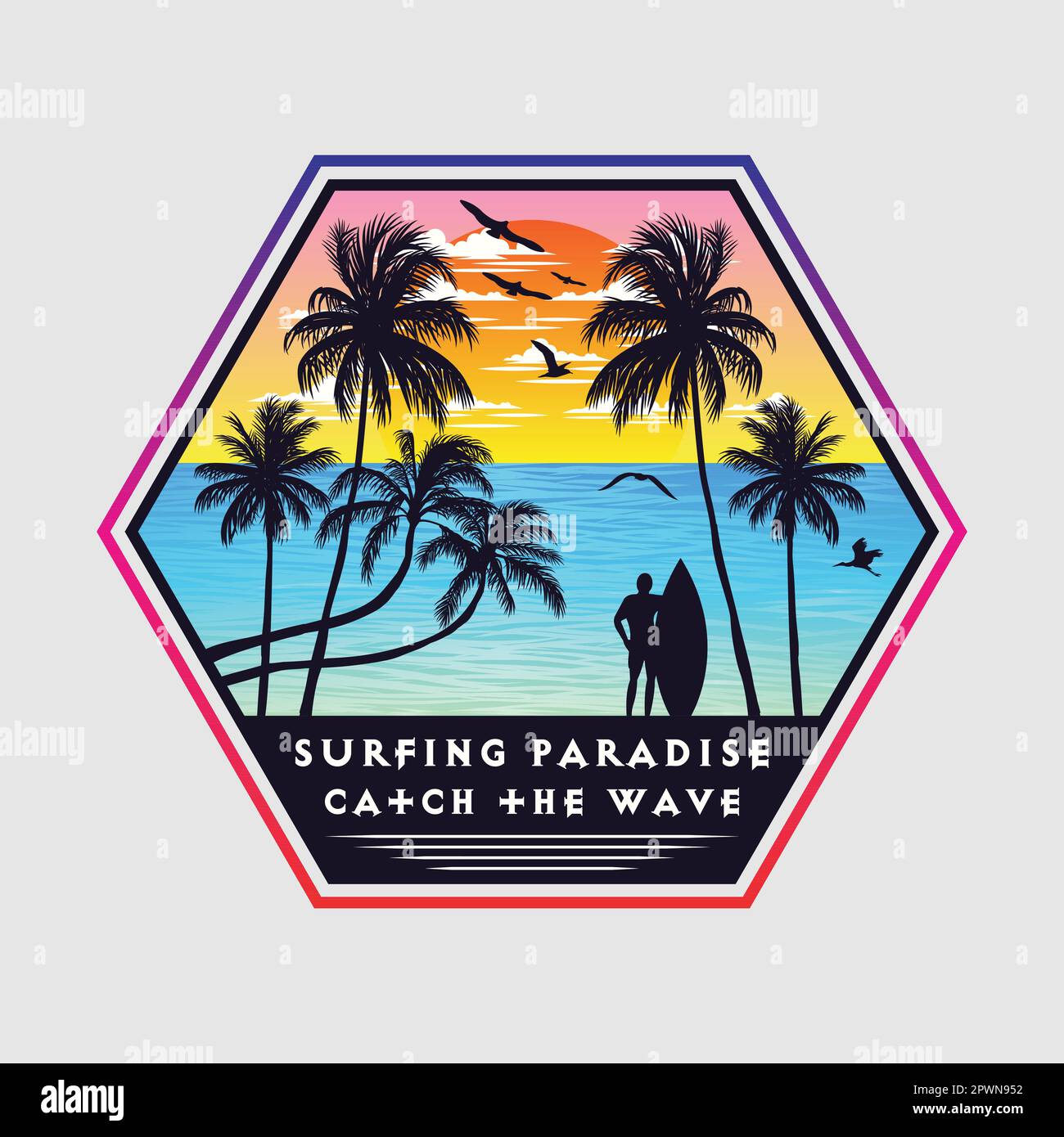 Surfing paradise, catch the wave artwork design. Editable, resizable ...