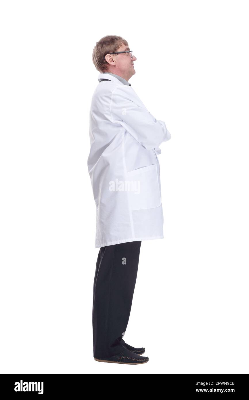 Mature doctor with a stethoscope looking at a white screen Stock Photo ...