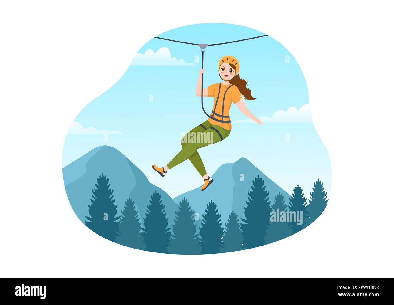 Zip Line Illustration with Visitors Walking on an Obstacle Course and ...