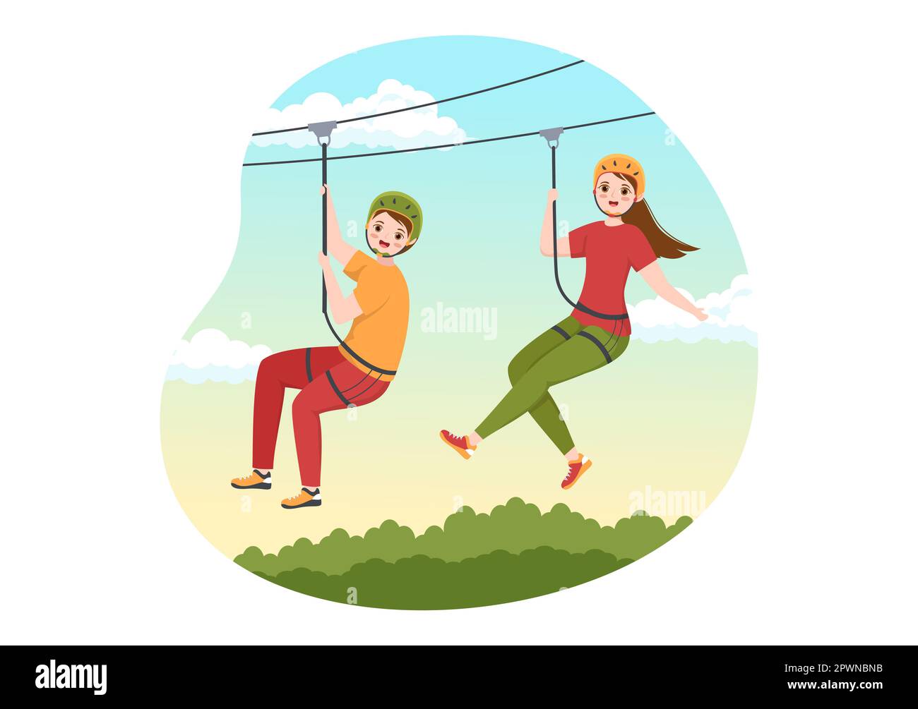 Zip Line Illustration with Visitors Walking on an Obstacle Course and ...