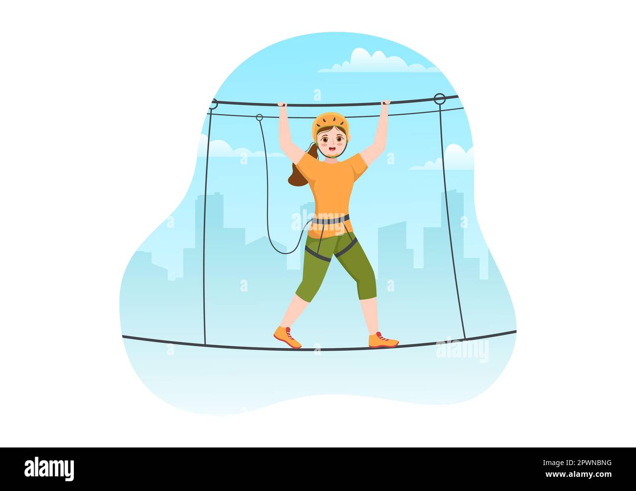 Zip Line Illustration with Visitors Walking on an Obstacle Course and ...
