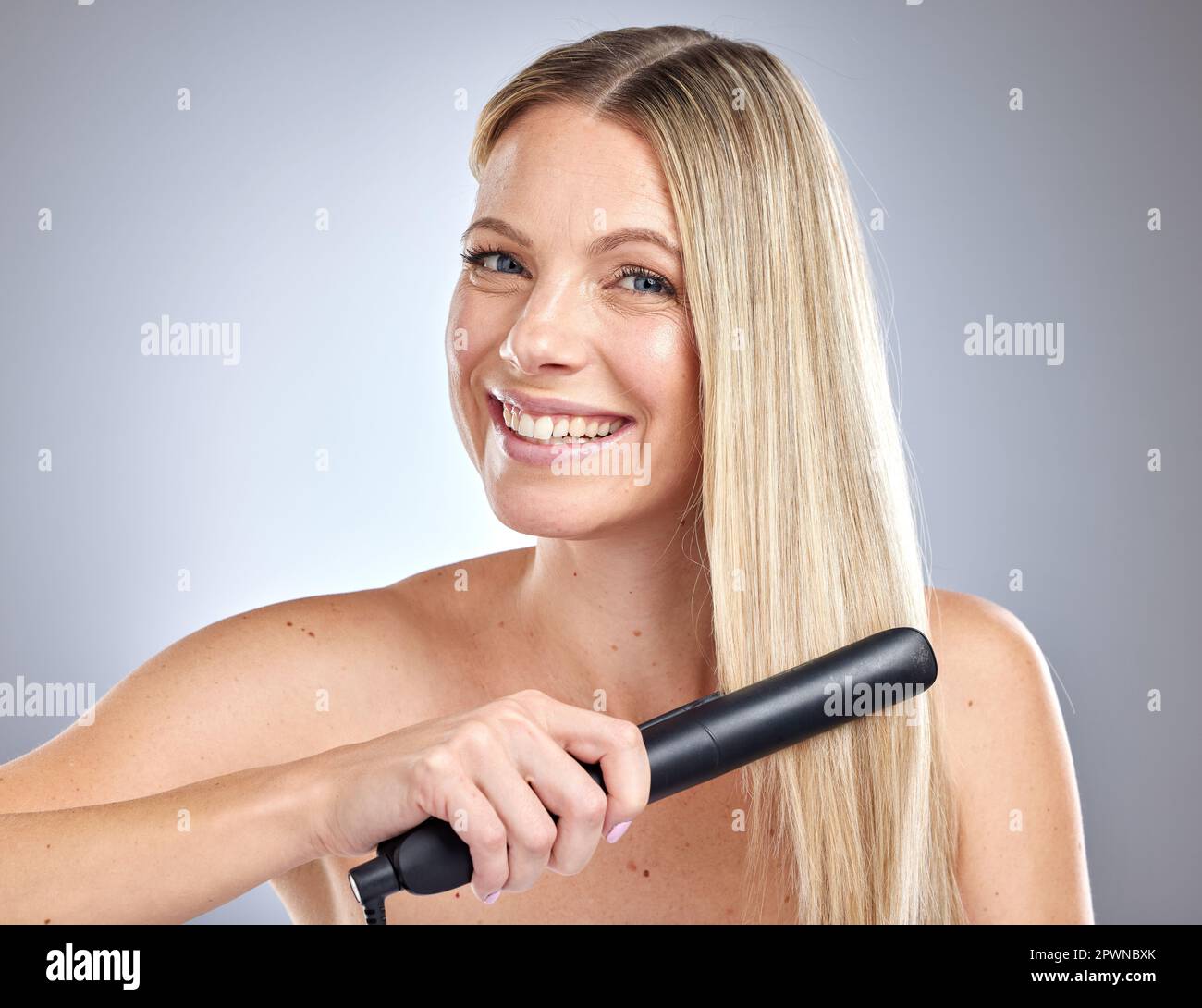 Hair care, salon styling and woman with straightener, marketing product ...