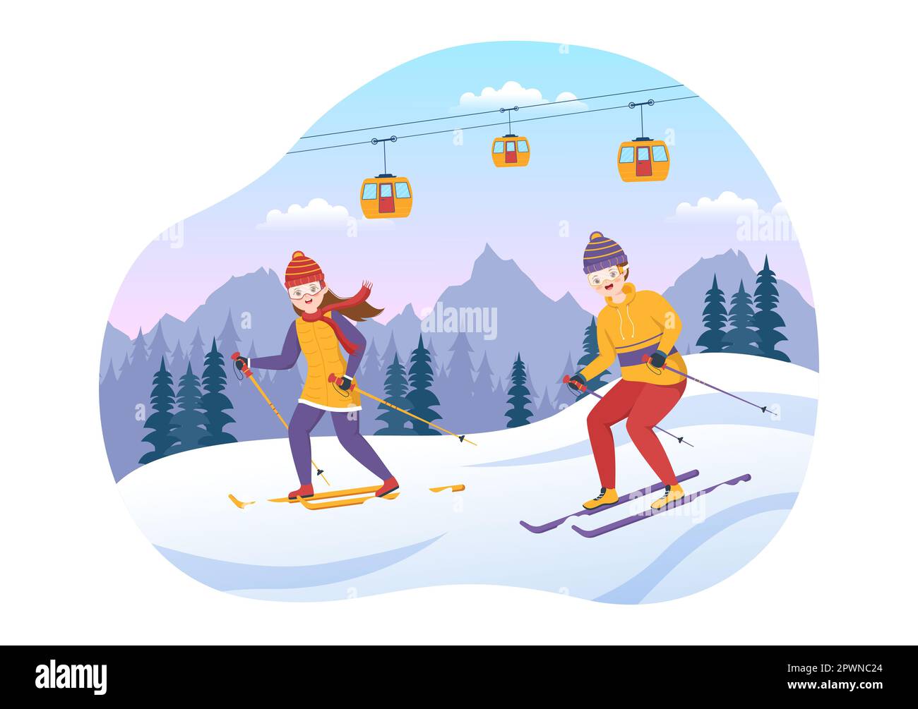 Ski Illustration with Skiers Sliding Near Mountain Going Downhill in ...