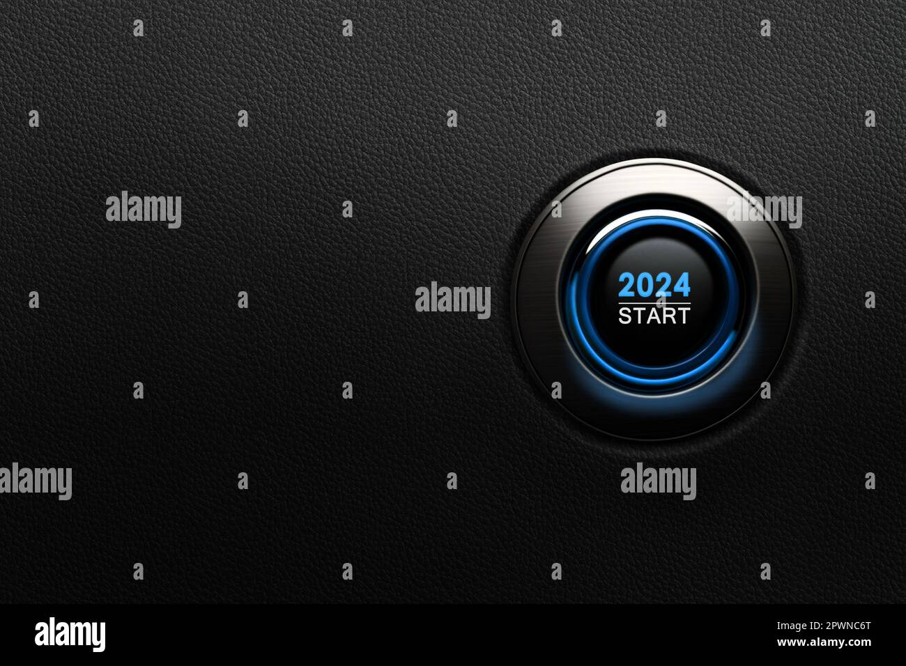 Start button Year 2024 blue glow on black leather background Stock ...