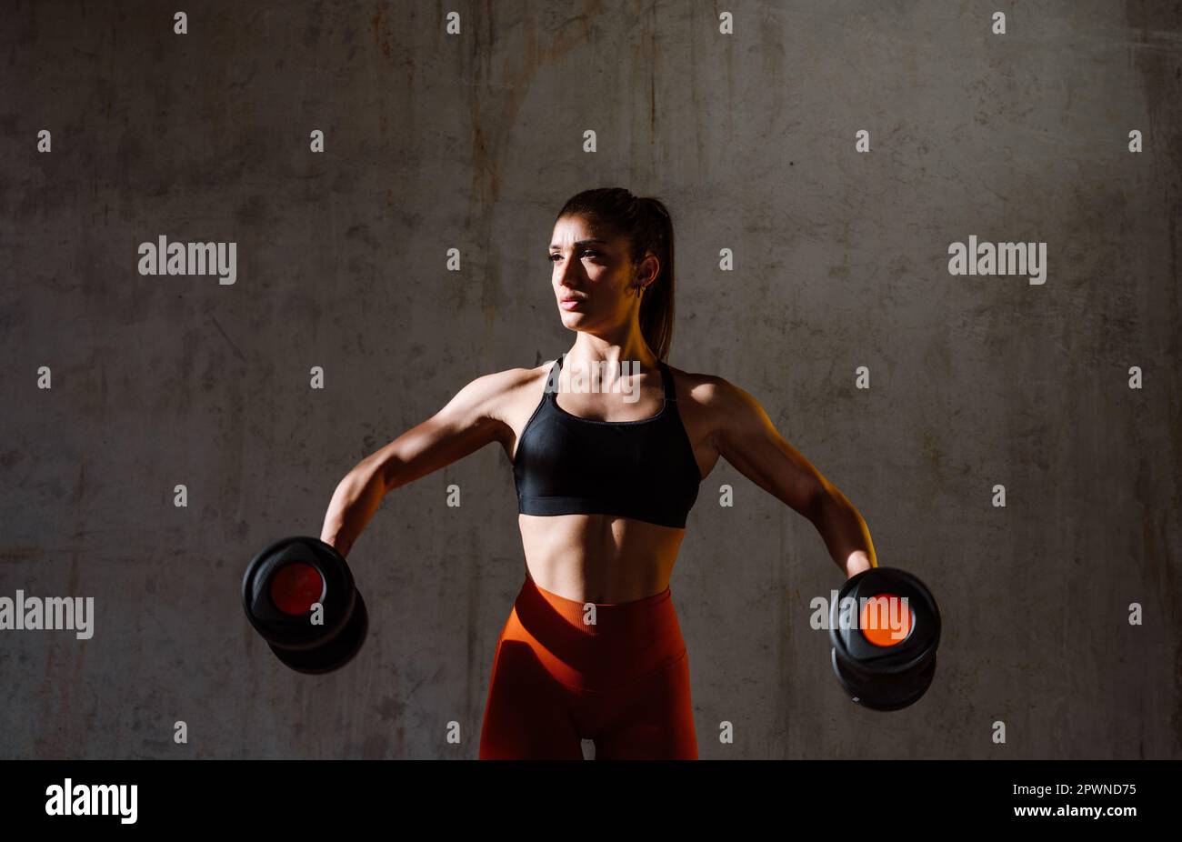 Young female athlete training in a gym using sport equipment. Fit woman ...