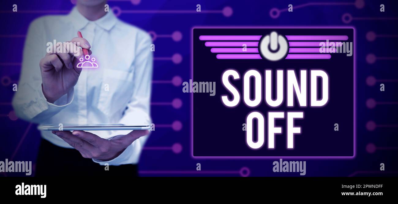 Hand writing sign Sound Off, Word Written on To not hear any kind of ...