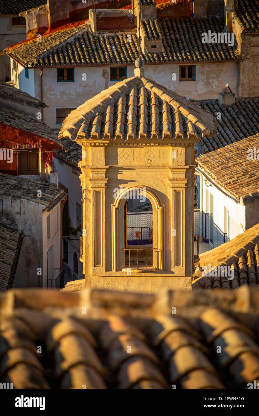 Detail of the tower of a church in the old quarter of Moratalla, Murcia ...
