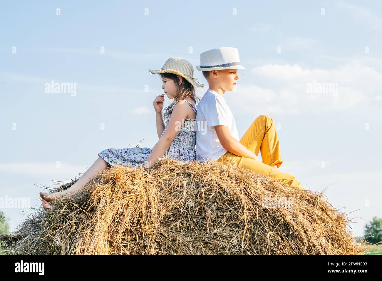 Thoughtful little girl and boy sitting back to back at top of haystack ...