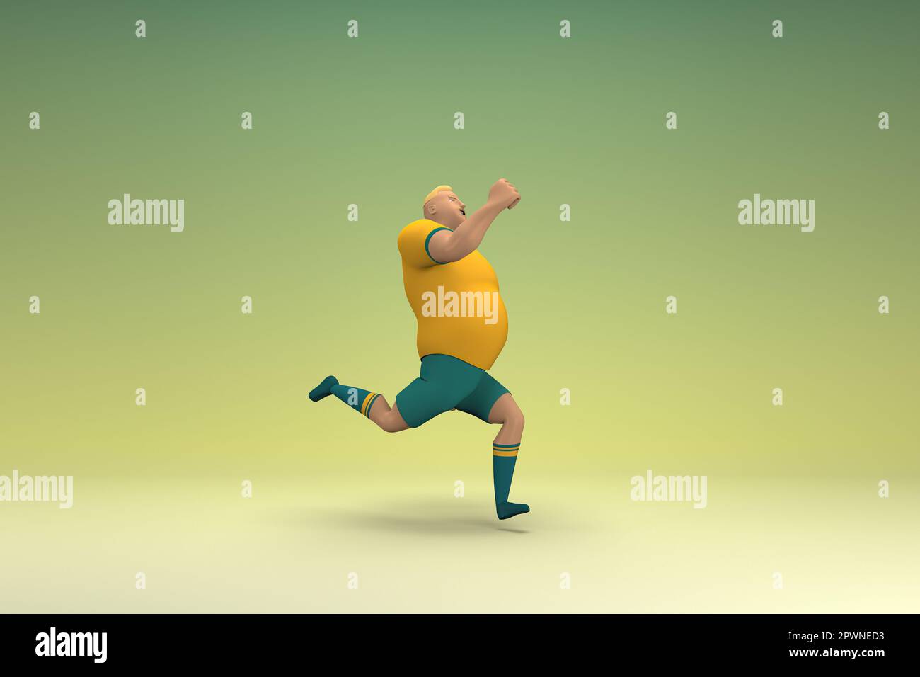 An athlete wearing a yellow shirt and green pants is runing. 3d ...