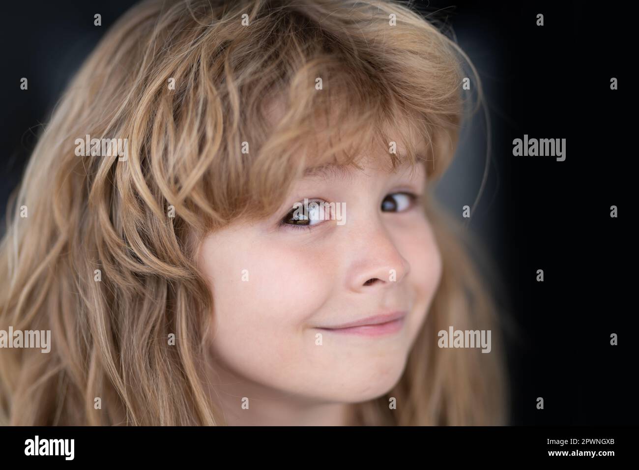 Portrait of funny blonde kid. Close-up face of cute child. Portrait of ...