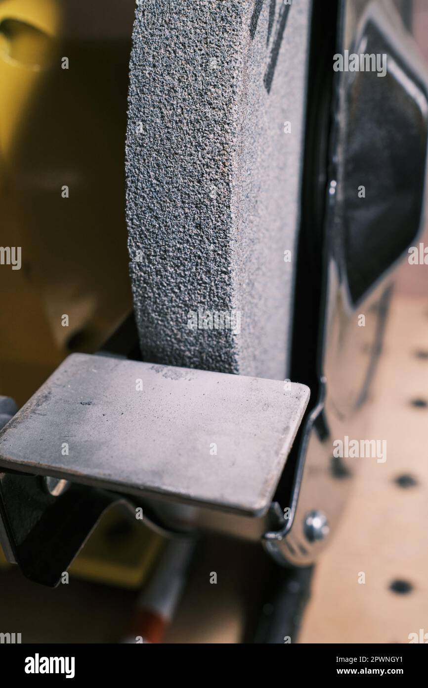 Grinding machine sharpening disk close-up. Metal working DIY tool Stock ...
