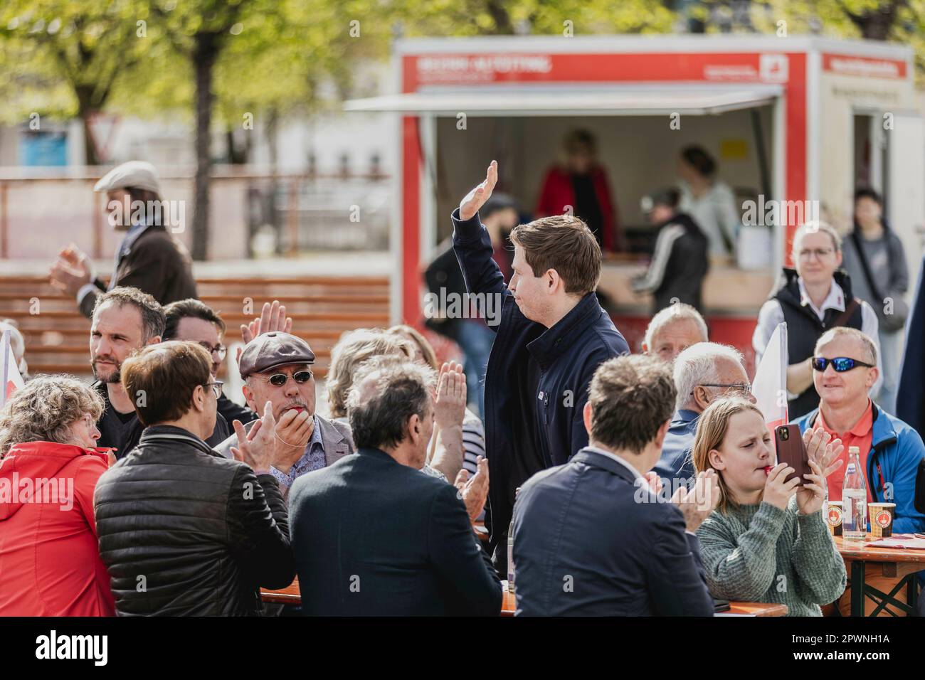Kevin Kuehnert, SPD general secretary, taken during the May Day rally ...