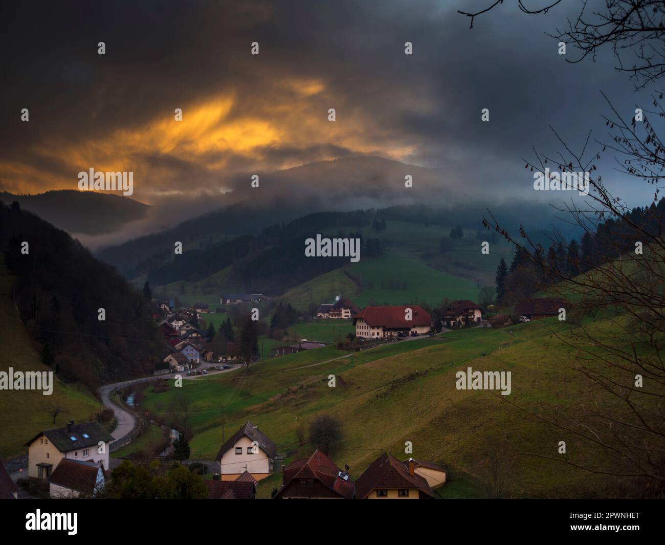 Scenic view of mountain landscape and houses, Yach, Elzach, Baden ...