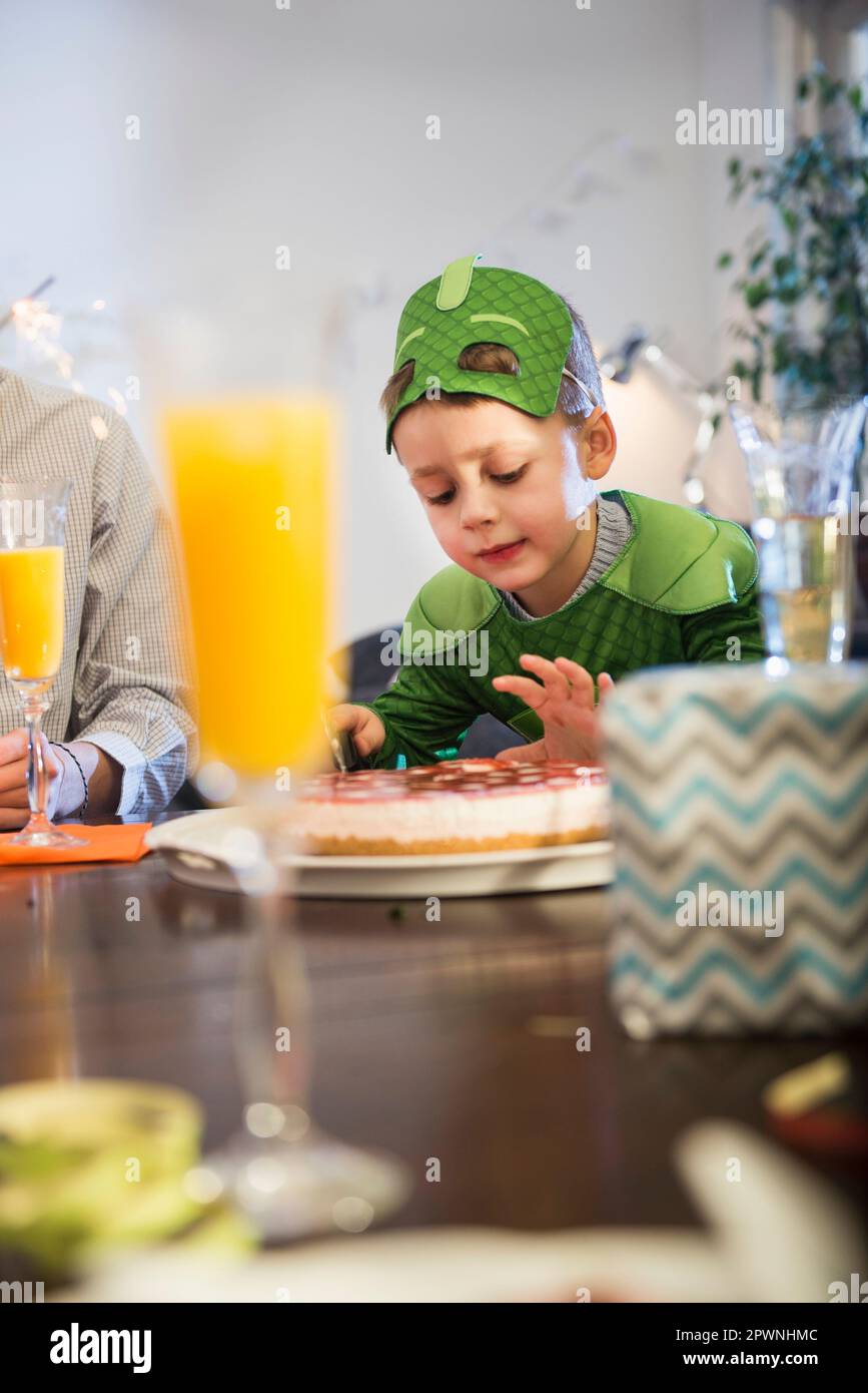 Little boy with cake in costume celebrating birthday Stock Photo - Alamy