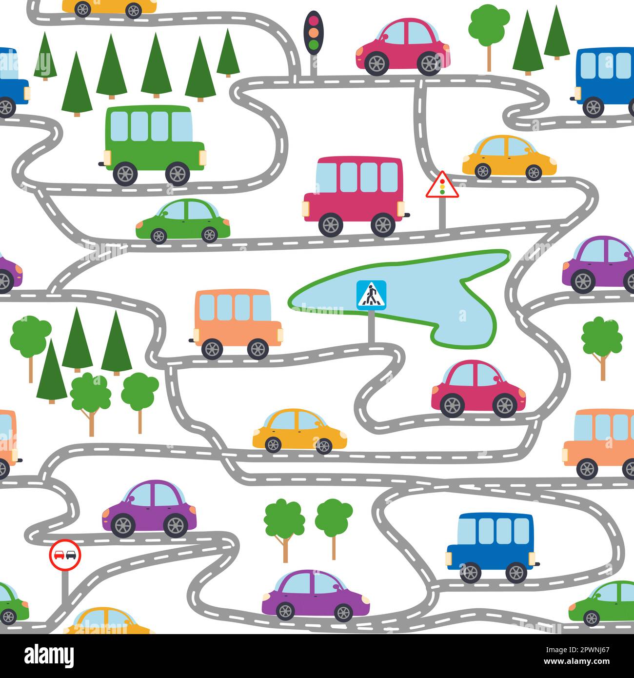 Cars, buses, trains, houses and roads, city seamless childish pattern ...