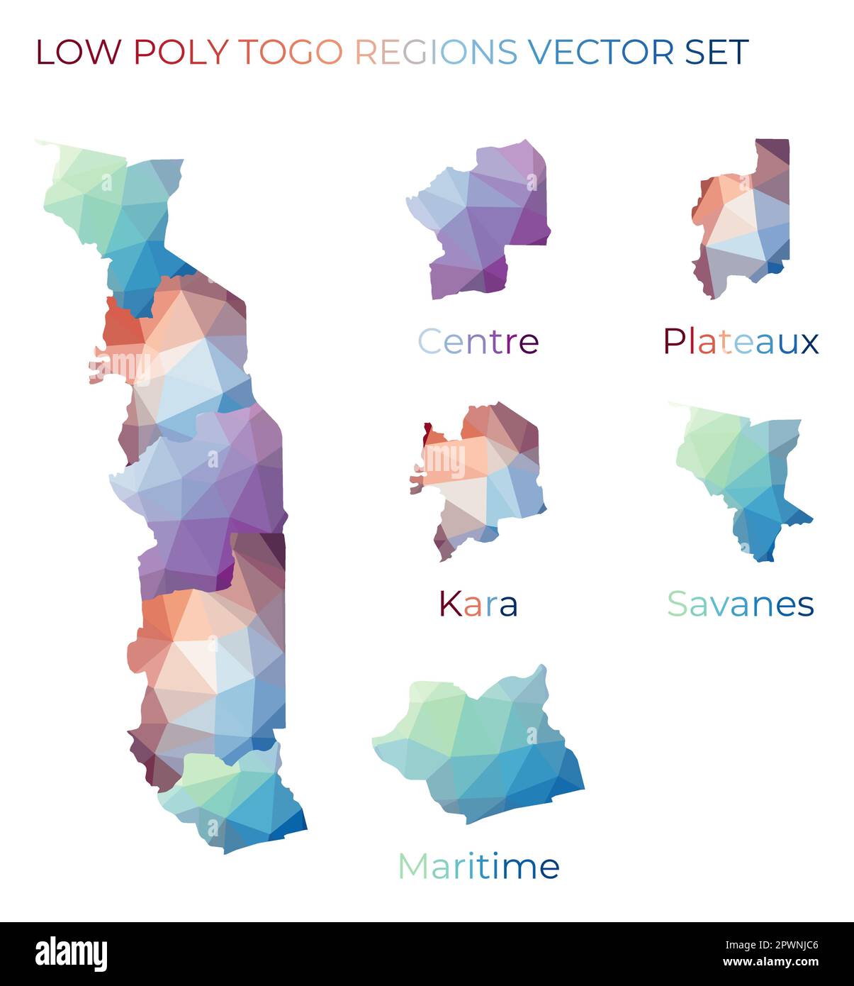 Togolese low poly regions. Polygonal map of Togo with regions. Geometric maps for your design ...