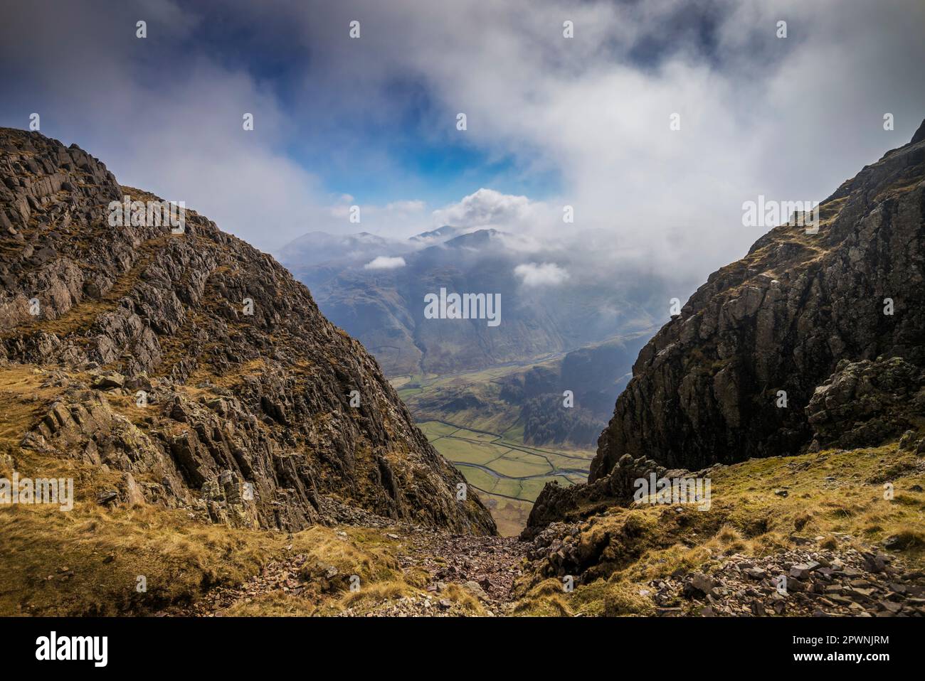 View from Langdale Pikes looking down into the Langdale Valley, English ...