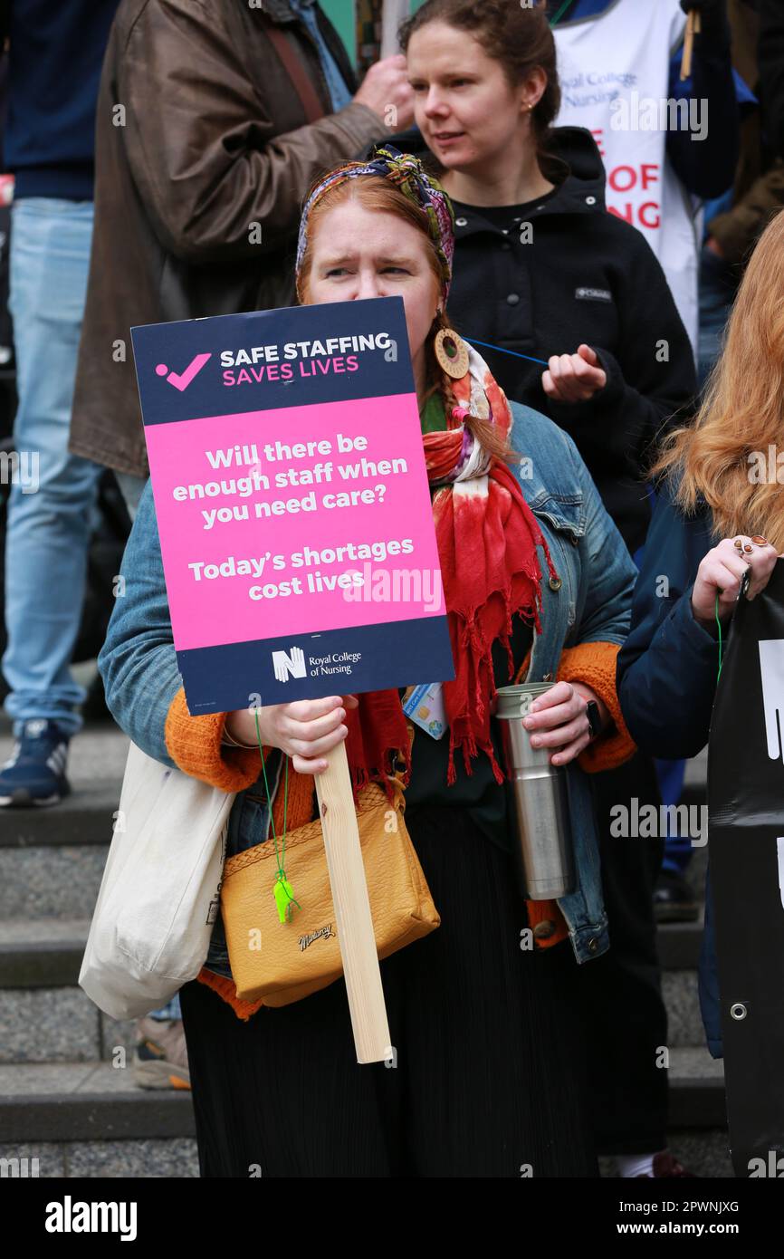 London, UK. 01 May 2023. Nurses strike. Nurses at picket line outside ...