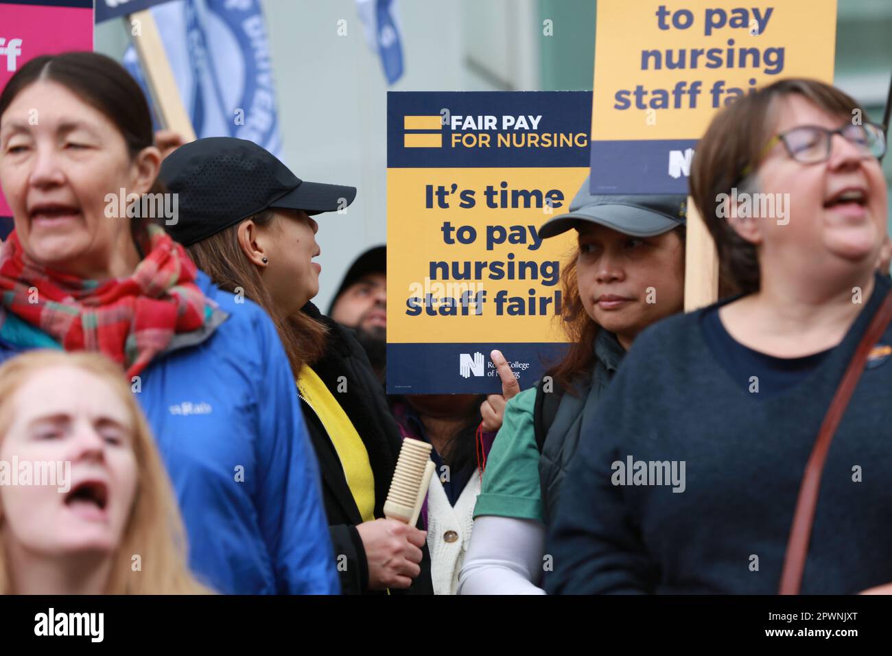 London, UK. 01 May 2023. Nurses strike. Nurses at picket line outside ...