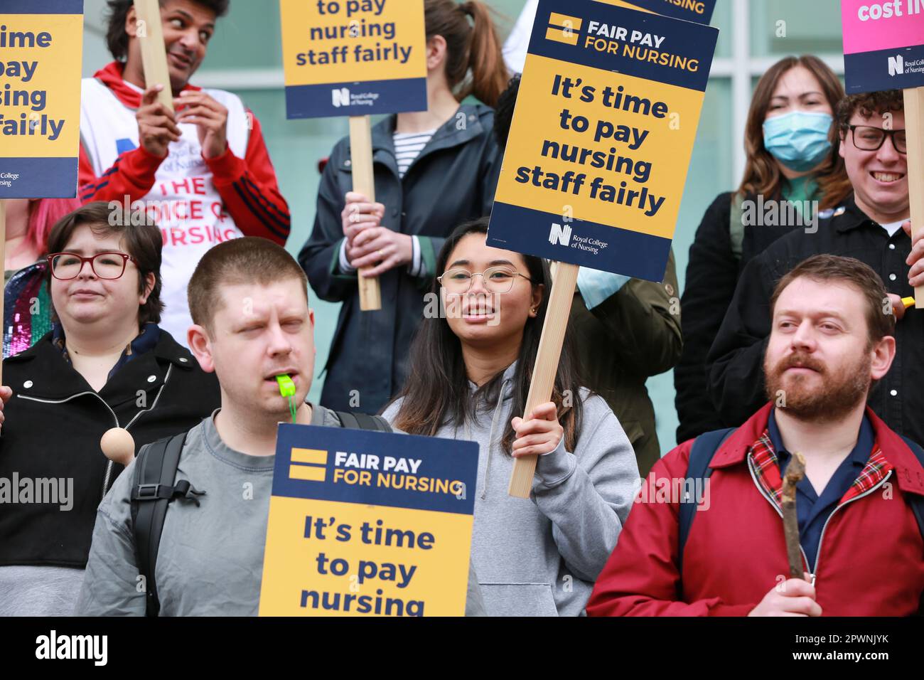 London, UK. 01 May 2023. Nurses strike. Nurses at picket line outside ...