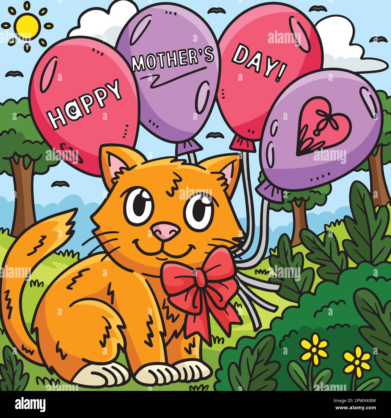 Happy Mothers Day Cat And Balloons Colored Cartoon Stock Vector Image ...