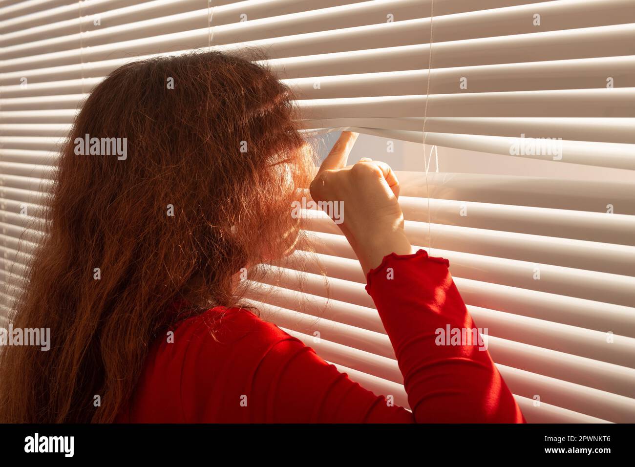 Rear View Of Beautiful Young Woman With Long Hair Peeks Through Hole In 1147